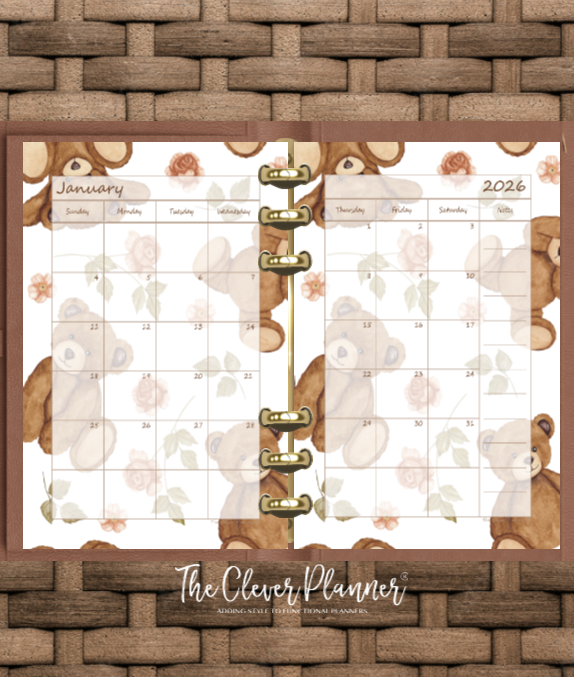 2026 Monthly Calendar Teddy Bear Floral (Separated) to use with monthl ...