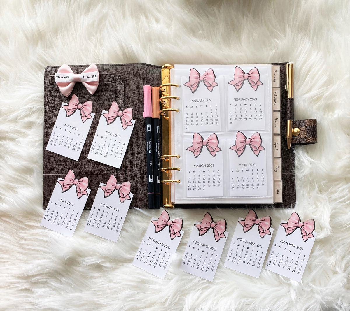 Pink Bow 12 Month Calendar Planner Cards | The Clever Planner