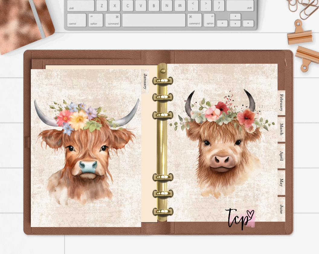 12 Month planner insert divider tab set Highland Cows | The Clever Planner